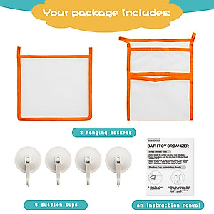 Bath Toy Organizer, SUNDOKI Bath Toy Holder Storage Bags with 4 Suction Cup Hooks and 2 Bath Toy Nets for Kids, Toddlers and Adults (Orange)