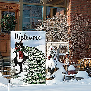 Welcome Winter Garden Flag 12x18 Double Sided, Burlap Farmhouse Small Pine Tree Black Cat Garden Yard Flags for Winter Seasonal Outside Outdoor House Holiday Decor (ONLY FLAG)