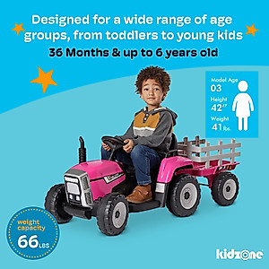 Kidzone 12V 7AH Treaded Tires with Dual 25W Motors Remote Control Battery Powered Electric Tractor with Trailer Toddler Ride On Toy with 3-Gear-Shift 7-LED Lights, MP3 Audio - Pink