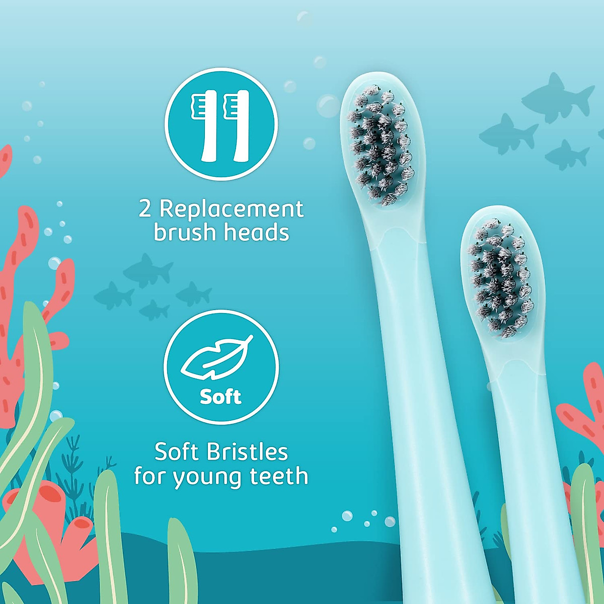 AquaSonic Kids Brush Head Replacement 2-Pack for Aquarium Adventures Sonic Electric Toothbrush for Ages 3 and Up
