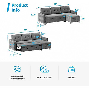 Mjkone 3 Seat L-Shape Sectional Sofa Couch with Pull Out Bed and Reversible Storage Chaise, Modern 83 Inch Sleeper Sofa with Breathable Velvet Fabric and Nailhead Trim for Living Room, Dark Gray