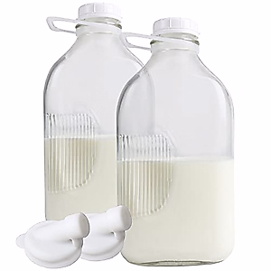 The Dairy Shoppe Heavy Glass Milk Bottles - Jugs with Lids and Extra Silicone Pour Spout - Clear Milk Containers for Fridge - Reusable Glass Milk Jug Dispenser - Made in USA (64 oz, 2 Pack)