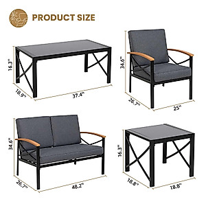 Shintenchi 5 Piece Outdoor Patio Furniture Set, Metal Sofa Conversation Set, Including Loveseat, Two Single Chairs and Two Coffee Tables for Backyard, Patio, Balcony, Poolside (Dark Grey)