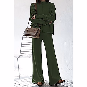 Pink Wind 2 Piece Outfits For Women Long Sleeve High Neck Sweatshirt Set Knitted Sweater Tracksuit Dark Green L