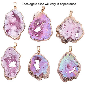 Natural Agate Slice Druzy Necklace - Irregular Slice Natural Quartz Geode Pendant Necklace with Gold Plated Edge, Bohemian Natural Stone Jewelry for Women (Pinkish Purple)