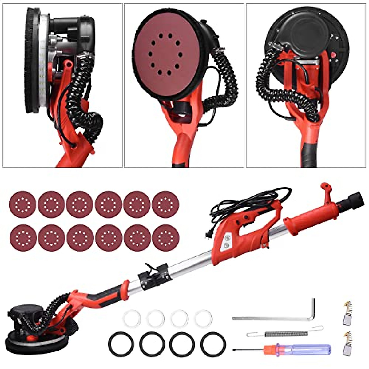 Seeutek Drywall Sander with Vacuum,800W Electric Sander,7 Variable Speed Power Sander,800-1750 RPM Wall Sander with Extendable Handle, LED Light, Long Dust Hose, Storage Bag,12pcs Sanding Paper