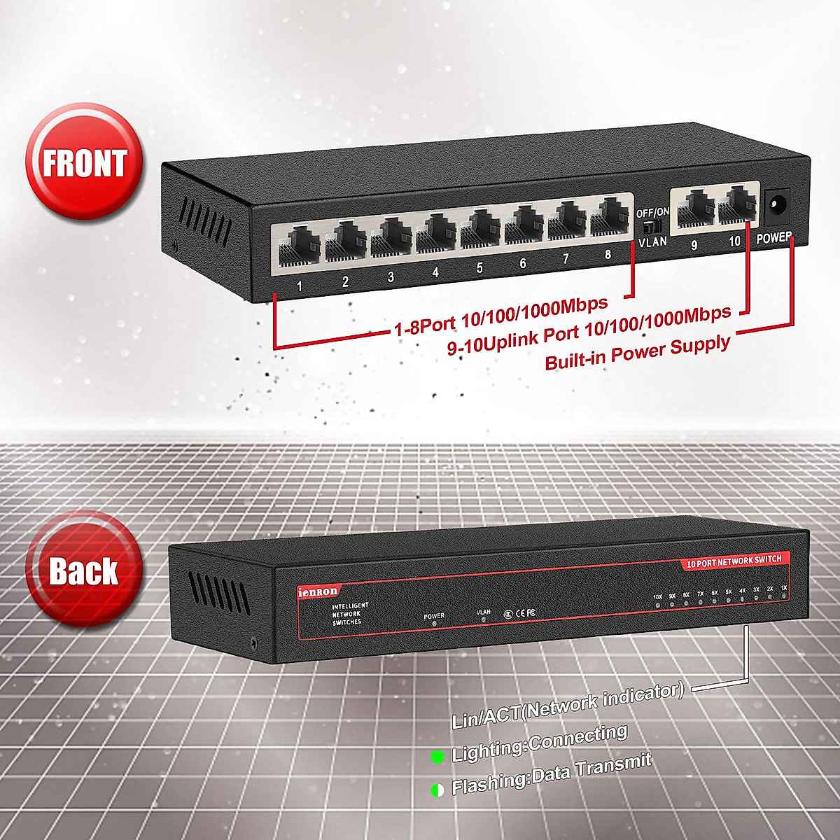 ienRon 10 Port Gigabit Switch, 8 Gigabit Ports + 2 Gigabit Uplink Ports, Unmanaged Ethernet Switch, Internet Switch Network Switch with AI Detection VLAN Mode | Plug and Play| Fanless Metal Design