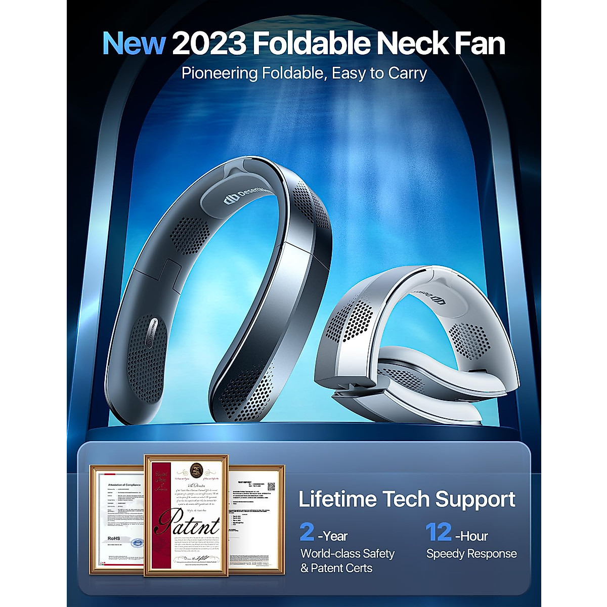 DesertWest 2024 Flagship Portable Neck Fan Rechargeable, Revolutionize Cooling with Quad-Turbo Fan Technology, Neck Cooler, Foldable Neck Cooling Fan with USB-C Charing