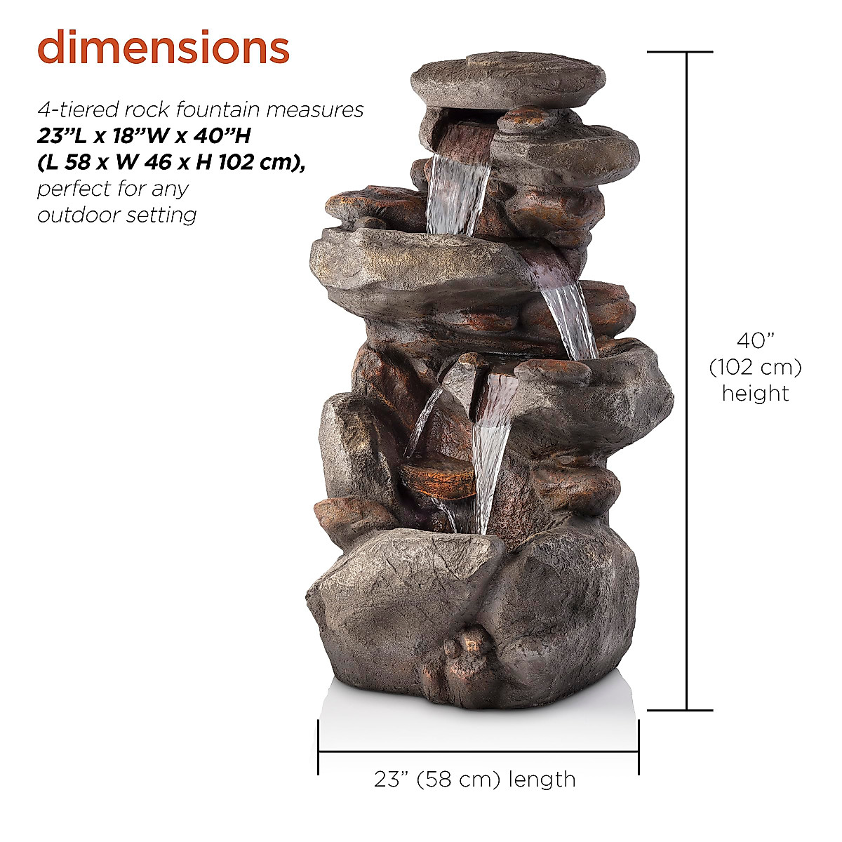 Alpine Corporation WIN316 Outdoor Floor 4-Tiered Rock Water Fountain for Garden or Patio with Natural Stone Look, 40", Light Gray