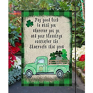 St Patricks Garden Flag - Buffalo Check Shamrock Outdoor Flag - Celtic Irish Blessing Garden Flag - Green Truck St Patricks Flag - Irish Flag 12 x 18 inch size by Jolly Jon