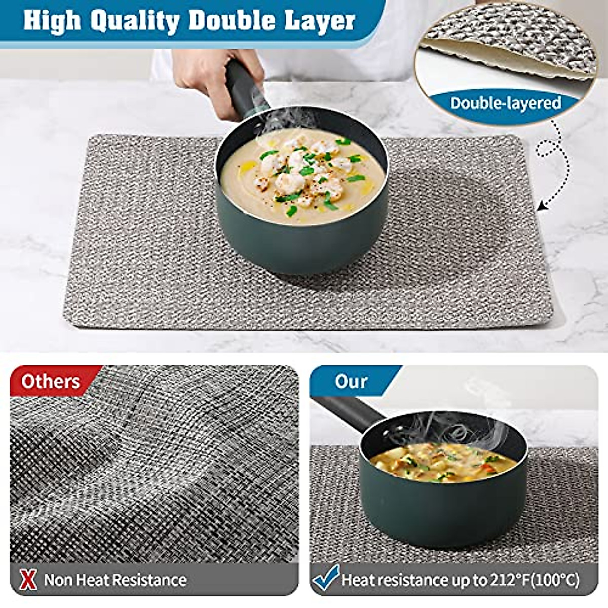 Tineeba PVC Placemats, Set of 6, Washable Dining Table Mats, Heat-Resistant, Easy to Clean, Non-Slip, Kitchen & Kids & Outdoor (Gray)