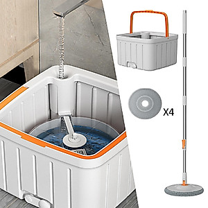 ＫＬＫＣＭＳ Rotatable Round Flat Floor Mop Bucket Set Rotating Mop Durable Telescopic Mop Handle Extends from 102cm to 128cm for Hardwood Professional, with 4 Pads