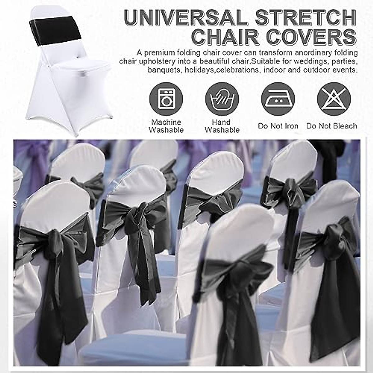 Lounsweer 50 Pcs Stretch Spandex Folding Chair Cover and Satin Chair Sashes Bows Chair Slipcovers Chair Ribbon Bows Washable Chair Cover Protector for Wedding Banquet Party (White, Black)