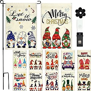 15 Pieces Seasonal Gnome Garden Flag Set Thanksgiving Day Christmas Winter Flag Double Sided Holiday Decorative Flag Welcome Yard Flag with Flag Stopper Flagpole and Clip for Holiday Decoration