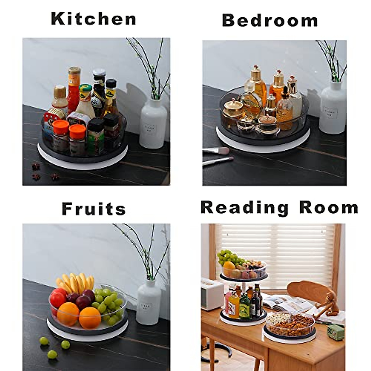 Lazy Susan Turntable Storage Organizer, Grey Transparent Border Anti-Slip Single Tier Lazy Susan 11.22" Spice Rack, 360 Degree Rotating Acrylic Cabinet Organizer for Kitchen Cosmetic Pantry Bathroom