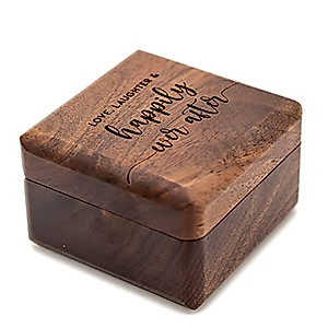 MUUJEE Love, Laughter & Happily Ever After Double Ring Box - Engraved Wooden Ring Case Box for Wedding Ceremony Engagement Proposal Ring Bearer Box - Anniversary Birthday Gift Ideas
