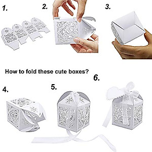 VGoodall 100 PCS Wedding Favor Boxes Laser Cut boxes Party Favor Box Small Gift Boxes Lace Candy Boxes for Wedding Baby Shower Birthday Party with Ribbons