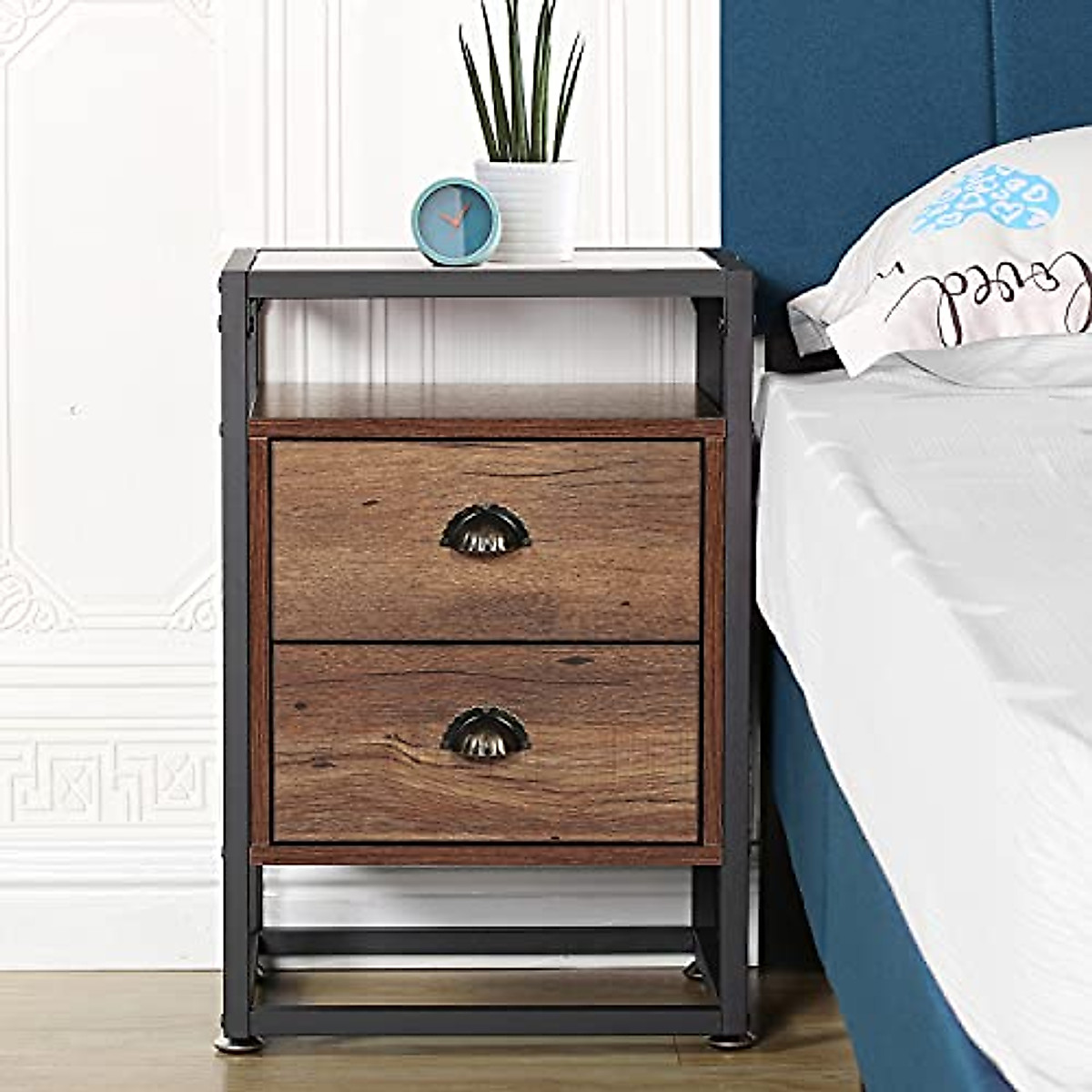 VECELO End Table, Modern Nightstand with Drawer, Night Stand Set of 2 for Bedroom Living Room,Tempered Glass, Brown/2pcs