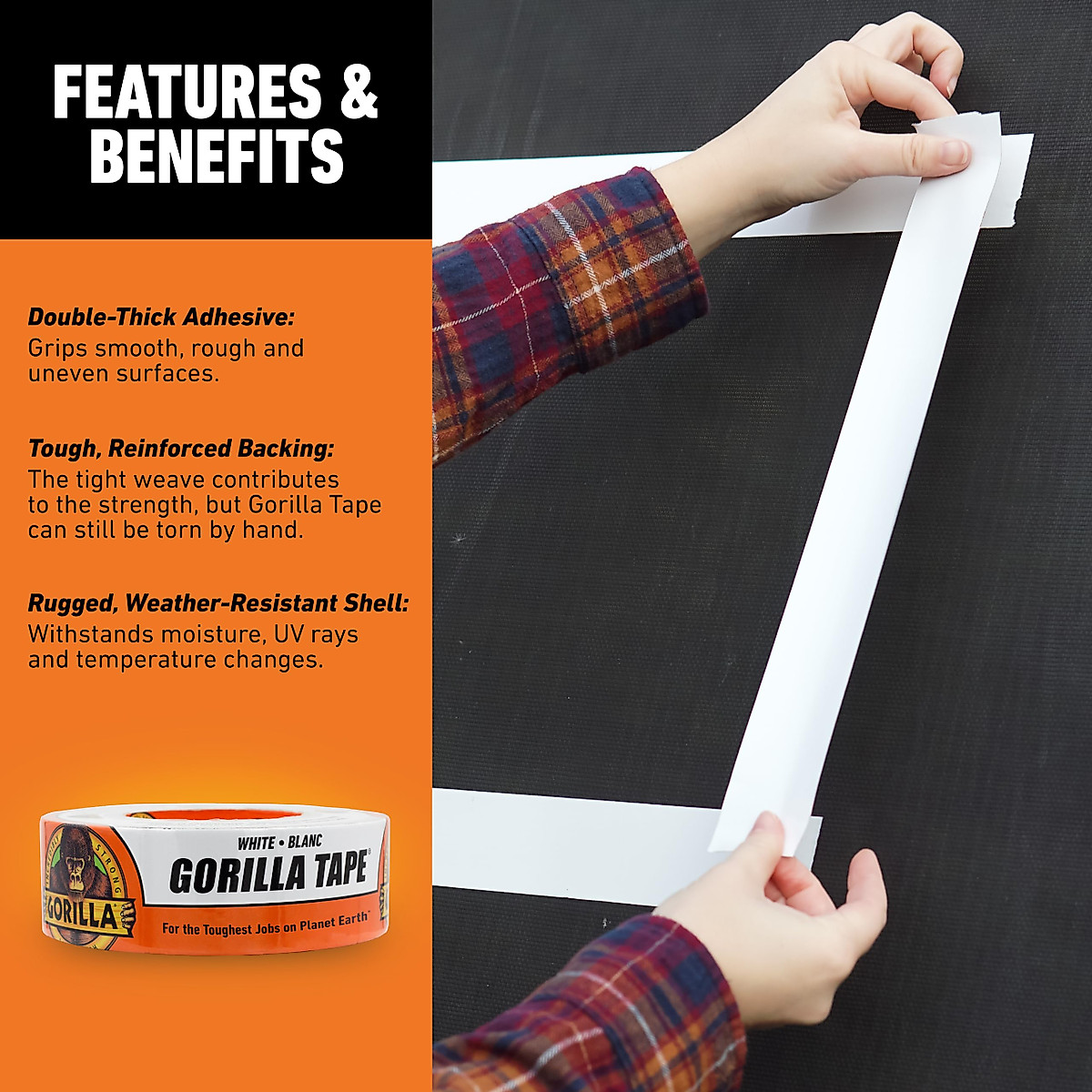 Gorilla Tape, White Duct Tape, 1.88" x 30 yd, White, (Pack of 2)