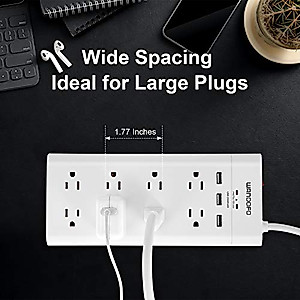 WANDOFO 2 Prong 8 Outlet Power Strip, 6 FT Extension Cord with 3 USB Ports, 1625W 1050J Surge Protector, 2 Prong to 3 Prong Multi Plug Outlet Adapter Converter, Polarized Plug, White