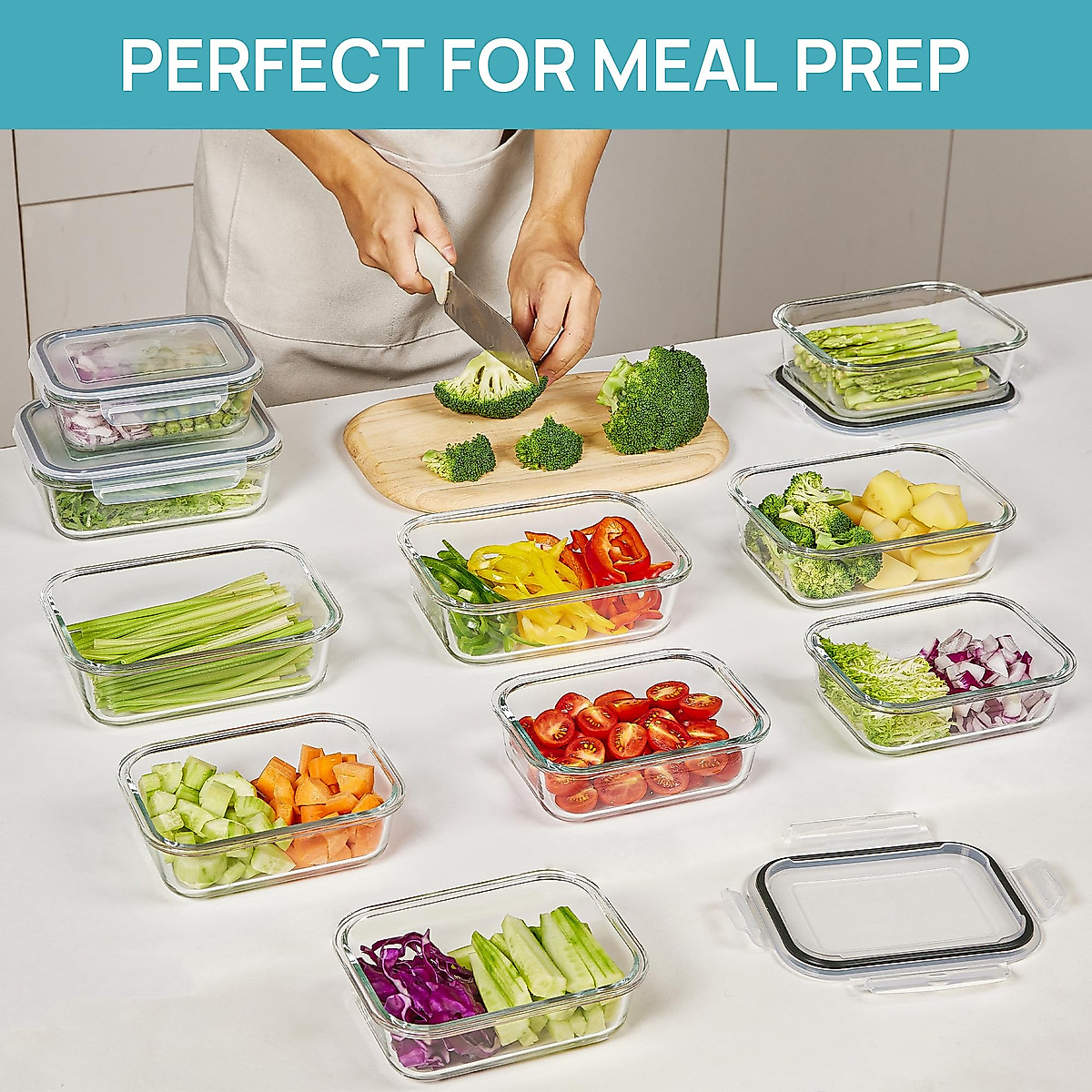 Vtopmart 10Pack (35oz+22oz) Glass Food Storage Containers with Lids, Meal Prep Containers, Airtight Lunch Bento Boxes with Snap Locking Lids, for Microwave, Oven, Freezer and Dishwasher