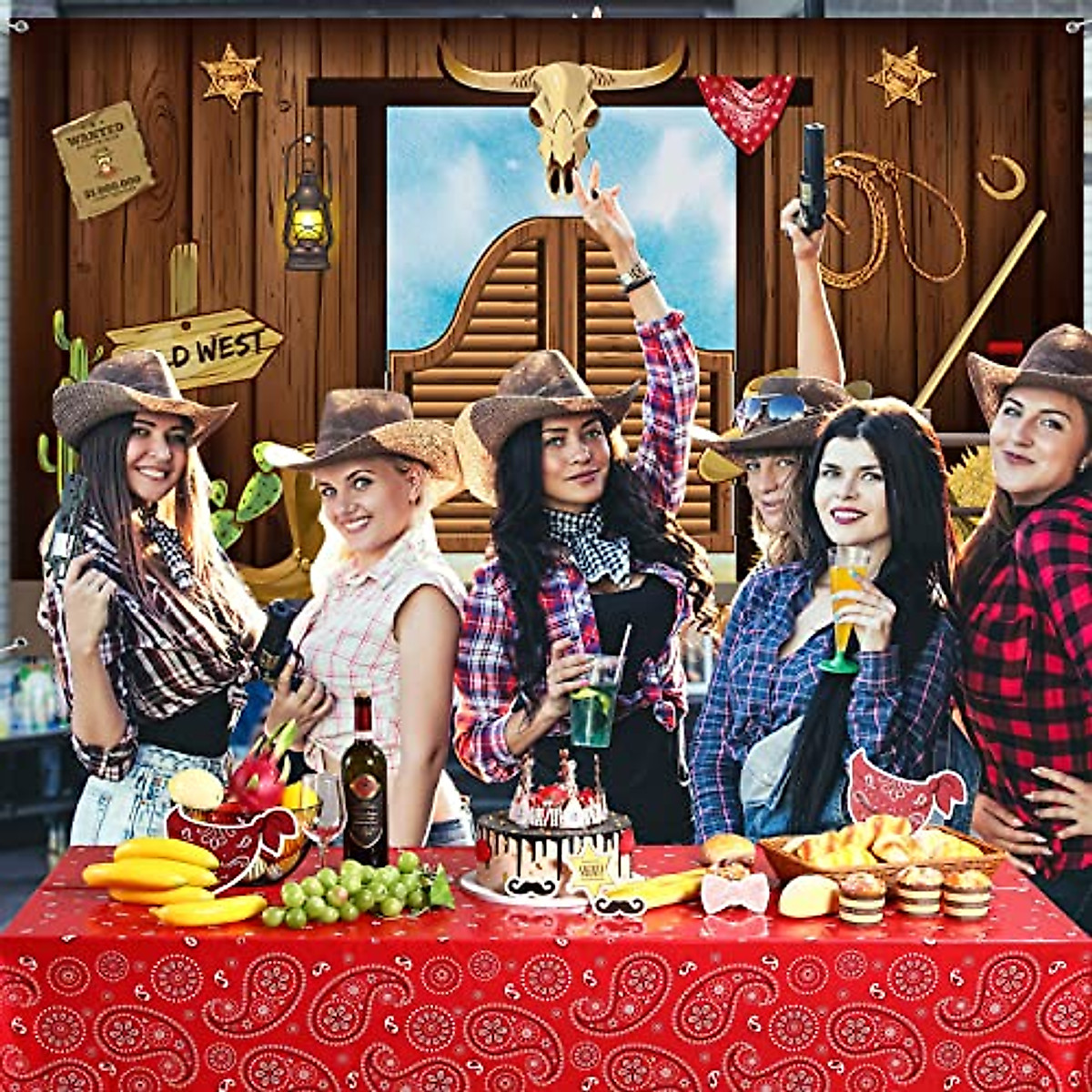 Western Cowboy Party Decoration Wild West Cowboy Photography Backdrop, Bandana Tablecloth and Western Cowboy Balloons, Western Cowboy Theme Party Supplies for Kids Birthday Baby Shower Party