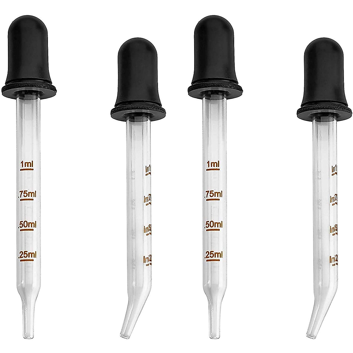Eye Dropper - (Pack of 4) Bent & Straight Tip Calibrated Glass Medicine Droppers for Essential Oils | Pipette Dropper for Accurate Easy Dose and Measurement (1 mL Capacity)