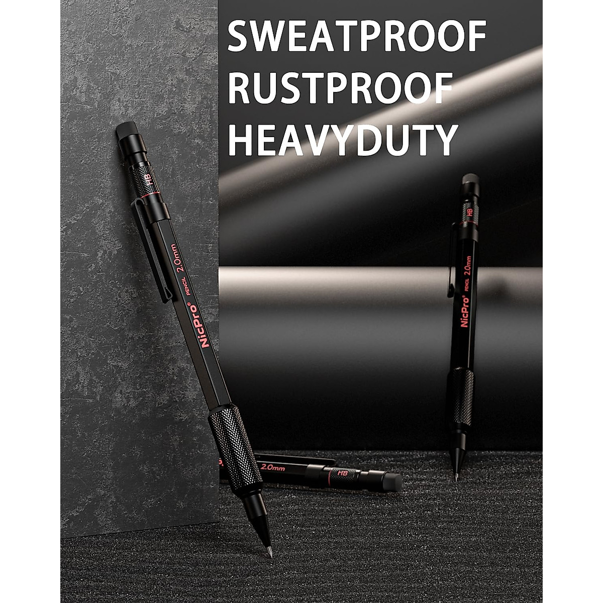 Nicpro 3 Pack 2mm Mechanical Pencils Set with Case, 33 Graphite Lead Refills (4B 2B HB 2H 4H), 36 Colored Lead, Erasers -Weatherproof Metal Barrel, Heavy Duty Carpenter Pencil For Drawing Sketching