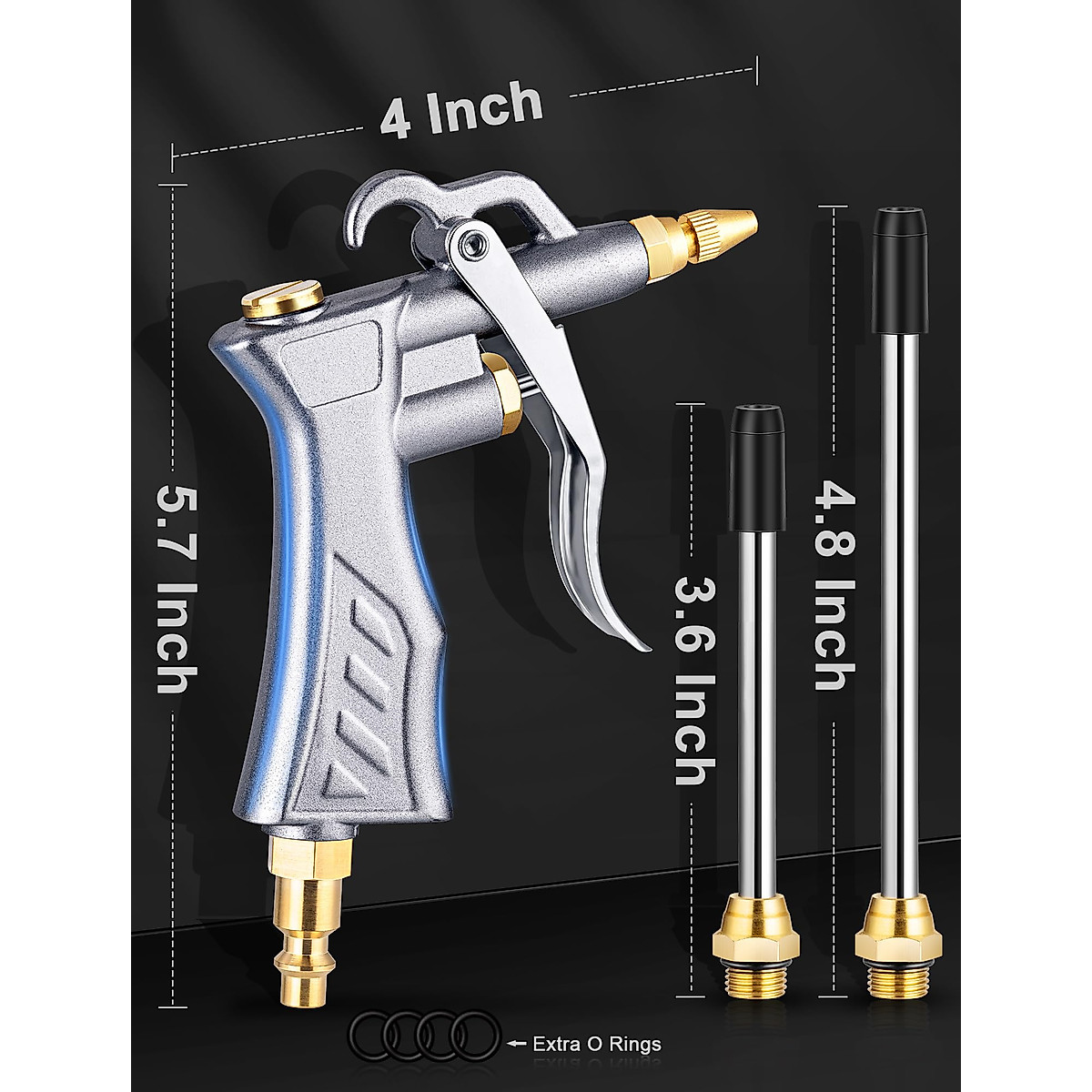 JASTIND Industrial Air Blow Gun with Brass Adjustable Air Nozzle, 8-14 Inch Extension with 2 Steel Air Flow Nozzle, High Volume Air Tool Dust Blower Gun for Air Compressor Attachments