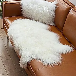 Genuine Tibetan Fur Rug/Ivory White 100% Real Mongolian Sheepskin Hide Pelt Throw Rug Plate Lamb Wool Carpet Curly, 39.5"-41.5" Long