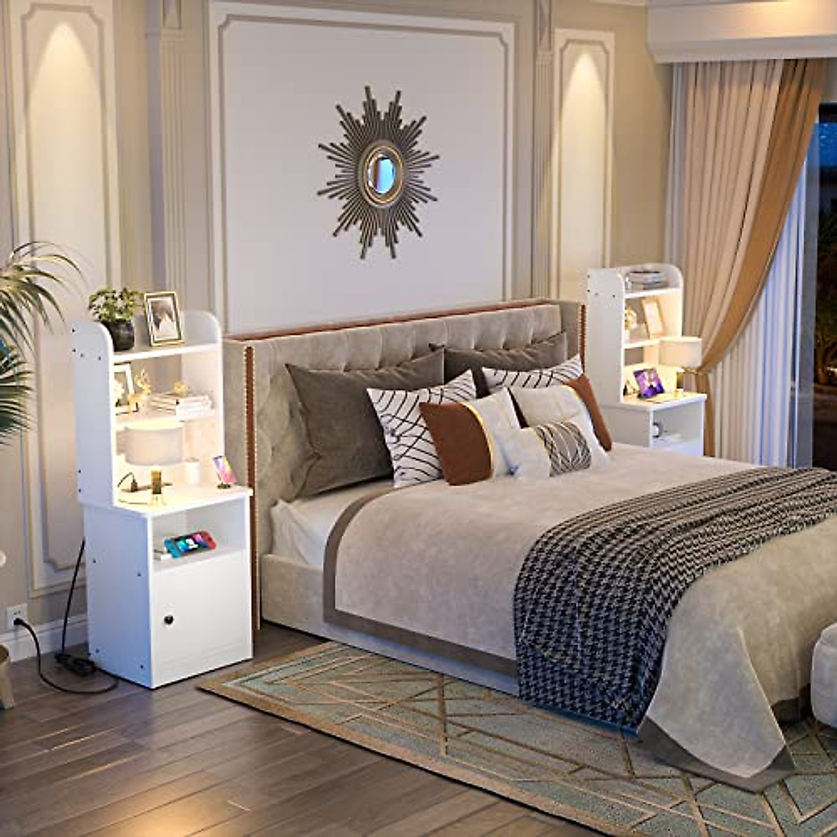 White Nightstand with Charging Station and USB Ports, 47" Tall Bedside Table with Adjustable Bookshelf, Industrial End Table Side Table with Storage Cabinet for Home Office, White