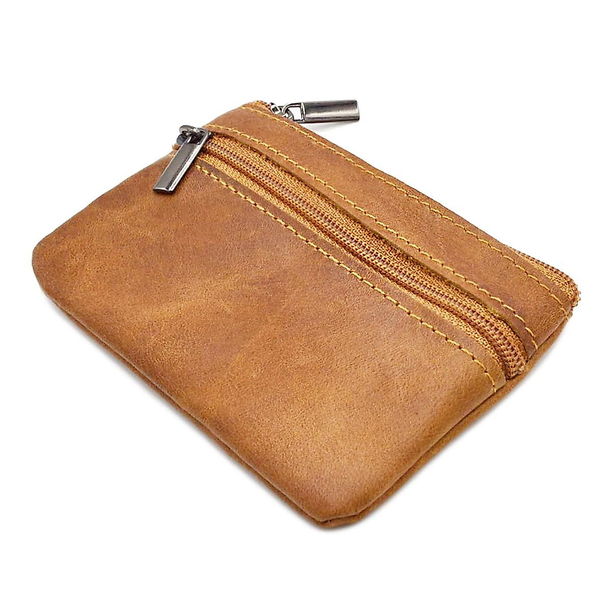 Women Genuine Leather Coin Pouch Zip Mini Purse Wallet Key Chain Double Zipper