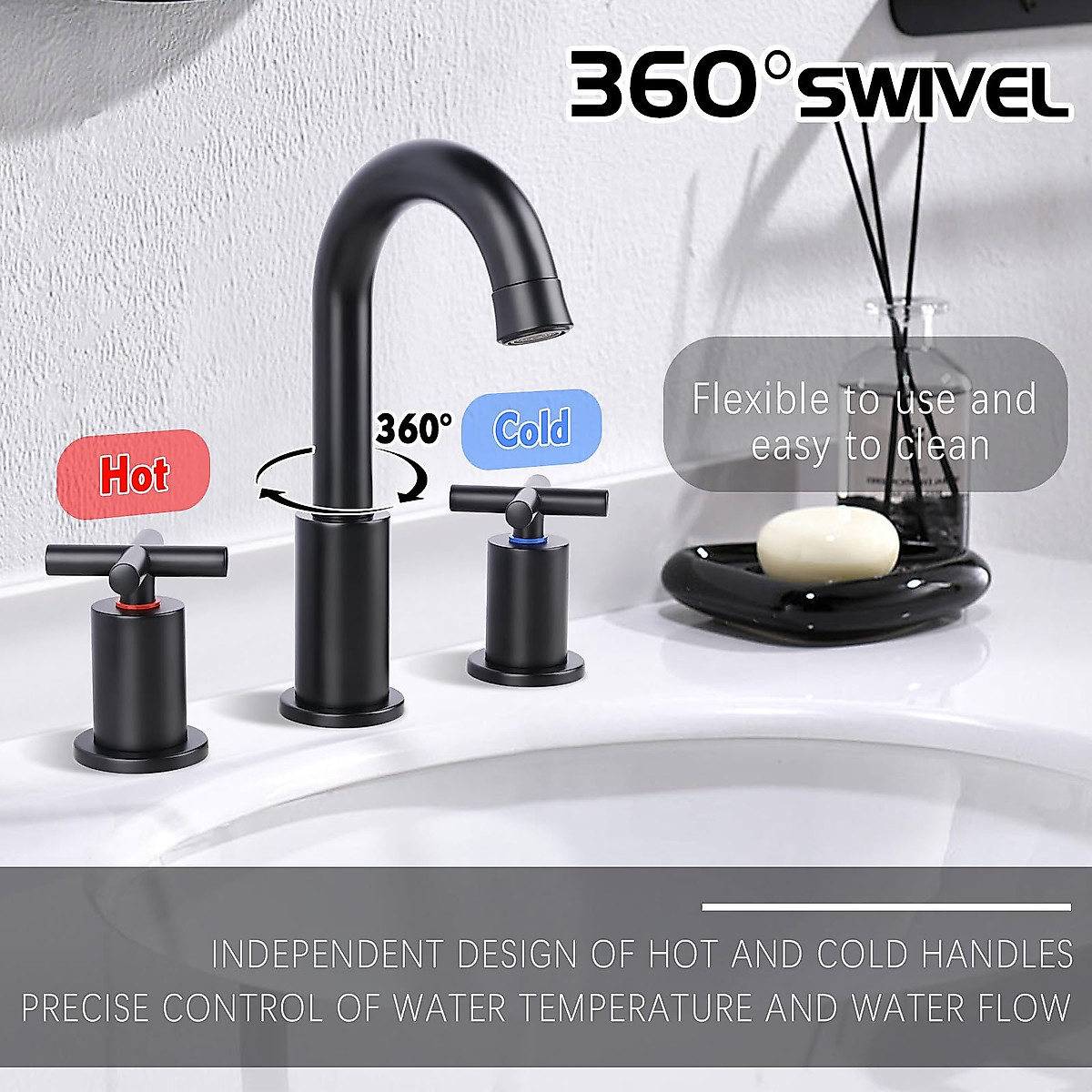 GXCROR Bathroom Faucets for Sink 3 Hole,2-Handle 8 inch Widespread Bathroom Sink Faucet with Pop Up Drain and Faucet Supply Hoses, Matte Black Basin Faucet Mixer Taps