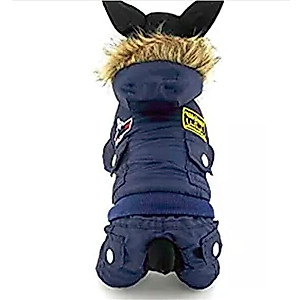 Hooded Jumpsuit Waterproof Small Dog Apparel Airman Fleece Winter Coat Snowsuit Outdoor Dog Cat Parka Jacket Cloth Drop Shipping (M,Blue)