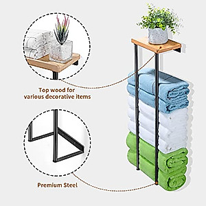 Towel Rack Wall Mounted - KEGII Towel Racks with New Upgrade Wood Shelf, Towel Storage Wall Can Holds Up to 5 Large Size(63x40 inch) of Rolled Towels