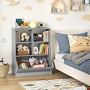 Aheaplus Toy Storage Organizer with Bookcase, 5 Cubby Bookshelf Toy Storage Cabinet, Open Multi-Bins Toys&Books Storage Display Organizer for Playroom, Bedroom, Living Room, Grey