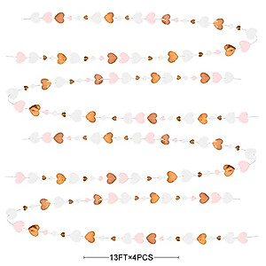 52Ft Rose Gold Pink and White Love Heart Garland Hanging Paper Streamer Banner for Anniversary Mother's Day Valentines Day Bachelorette Engagement Wedding Baby Bridal Shower Birthday Party Decorations
