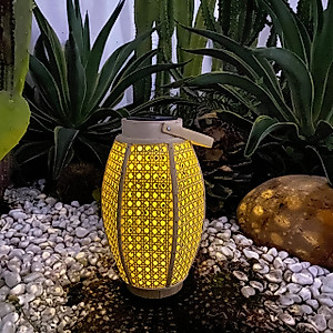 Hanging Solar Lanterns Outdoor - Solar Powered Rattan Woven Table Lamp with Warm Yellow LED Light Garden Decorative Hanging Lanterns for Patio Yard Garden Home Pathway Decor