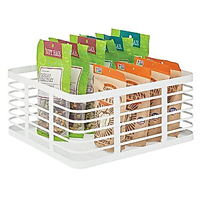 mDesign Steel Metal Wire Kitchen Food Storage Organizer Bin Basket for Pantry Organization - Wired Farmhouse Basket with Handle for Shelves - Carson Collection - 3 Pack, White