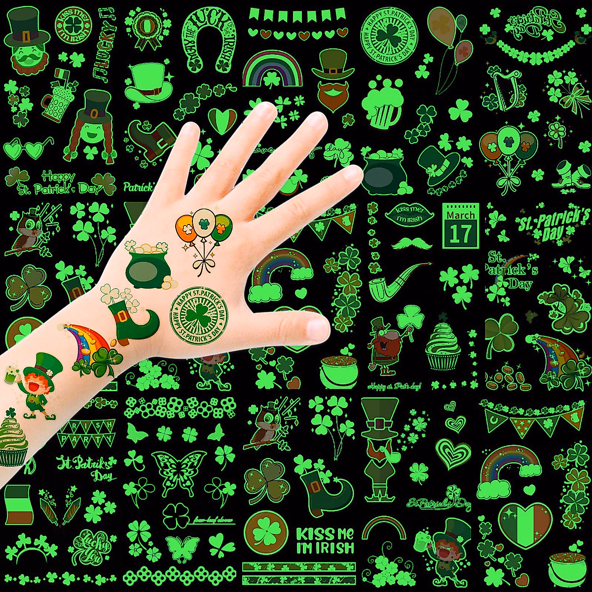 St.Patricks Day Tattoos, 12 Sheets Kids Glow in Dark Tattoos, 100+ Pcs St Patricks Day Stickers, St. patrick's Day Temporary Tattoos Shamrock, Amazing Irish St Patricks Day Decorations Party Favors