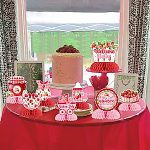 Sursurprise Strawberry Baby Shower Decorations, 8 Pieces Strawberry Honeycomb Centerpieces, A Berry Sweet Baby Is On The Way Table Topper Decor for Girls Fruit Themed Party Supplies