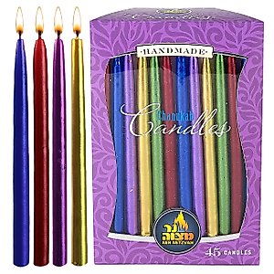 Dripless Chanukah Candles Standard Size - Metallic Multi Colored Hanukkah Candles Fits Most Menorahs - Premium Quality Wax - 45 Count for All 8 Nights of Hanukkah - by Ner Mitzvah