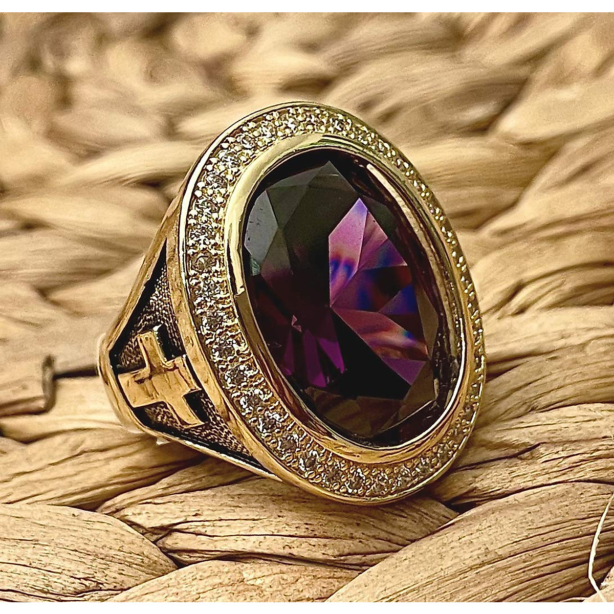 HKN1682 Designs Purple Amethyst Cubic Zirconia 14k Gold Plated Bishop Cross and Midre Ring (10)