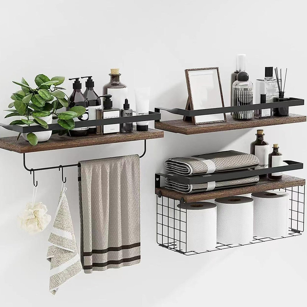 XHGUKC Towel Racks for Bathroom Wall Mounted,3PCS Floating Shelves with Storage Basket, Bathroom Organizers, Wall Mounted Rustic Wood Shelves for Bathroom, Bedroom, Living Room, Kitchen(Dark Brown)