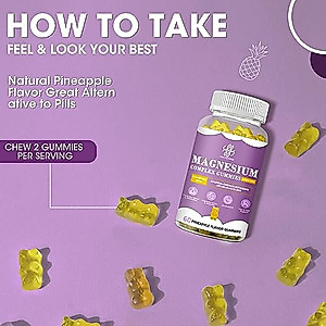 Magnesium Glycinate Gummies with Magnesium Malate, Taurate, Citrate, Magnesium Potassium Complex Supplement with CoQ10, Calcium, Supports for Memory, Bone, Calm, Sleep, 60 Pineapple Gummies