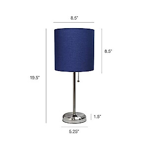 Limelights LT2024-NAV Brushed Steel Stick Table Desk Lamp with Charging Outlet and Drum Fabric Shade, Navy, 8.5 x 8.5 x 19.5