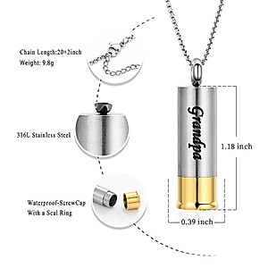 Oinsi Shotgun Shell Cremation Jewelry Urn Necklace For Ashes Of Loved Ones -Dad/Mom/Son/Grandma/Grandpa Cylinder Memorial Locket Pendant Necklace (Grandpa)