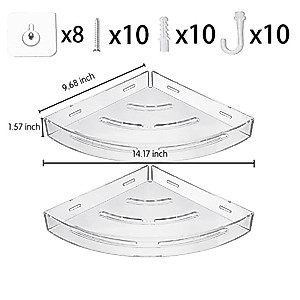 ChezMax Corner Shower Caddy, 2 Pack Adhesive Acrylic Bathroom Organizer with 10 Hooks for Shampoo Soap, Transparent Wall Mounted No Drilling Toilet Shelf, Floating Sponges Scrubbers Holder for Kitchen