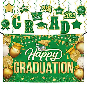 46 Pieces, XtraLarge Graduation Hanging Decorations - Graduation Swirls | Happy Graduation Banner Green and Gold - 72x44 Inch | Green and Gold Graduation Decorations 2022 | Graduation Backdrop