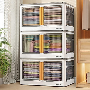 BROVIEW V5 75Gal Plastic Storage Bins with Lids, 3Pack Stackable Collapsible Storage Bins for Closet Organizers and Storage, Folding Storage Container Open Front Cabinets with Doors and Wheels, White